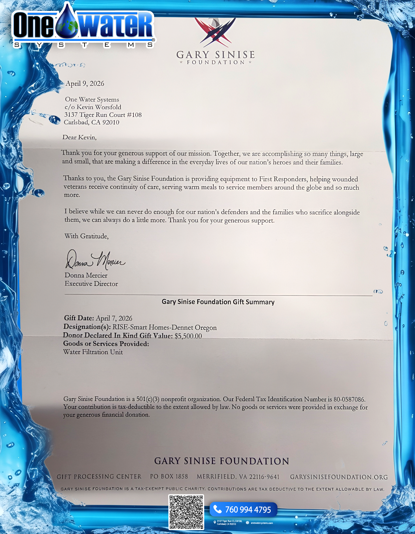 Gary Sinise Foundation Acknowledges One Water Systems for Donation ...